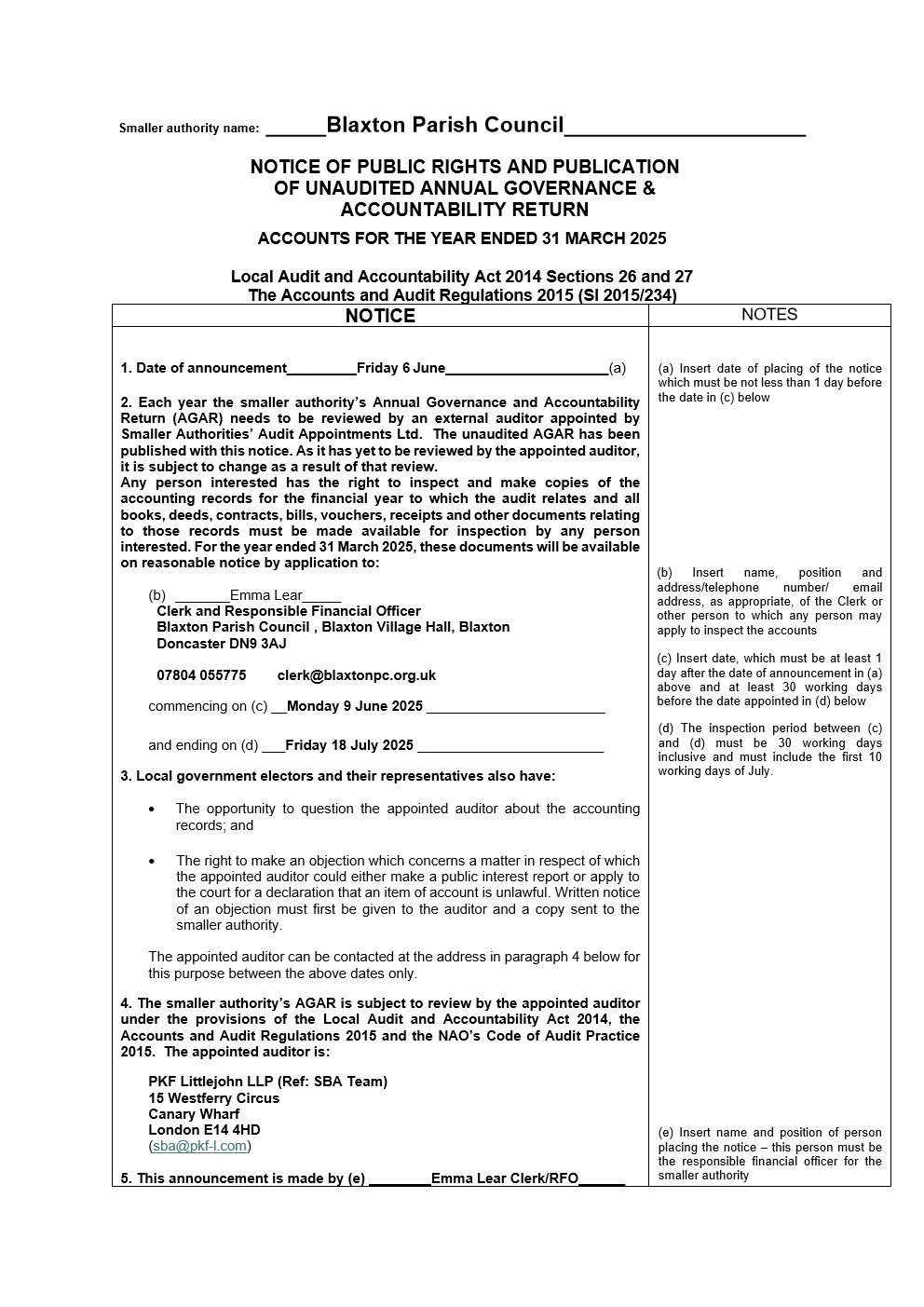 NOTICE OF PUBLIC RIGHTS AND PUBLICATION OF UNAUDITED ANNUAL GOVERNANCE ...